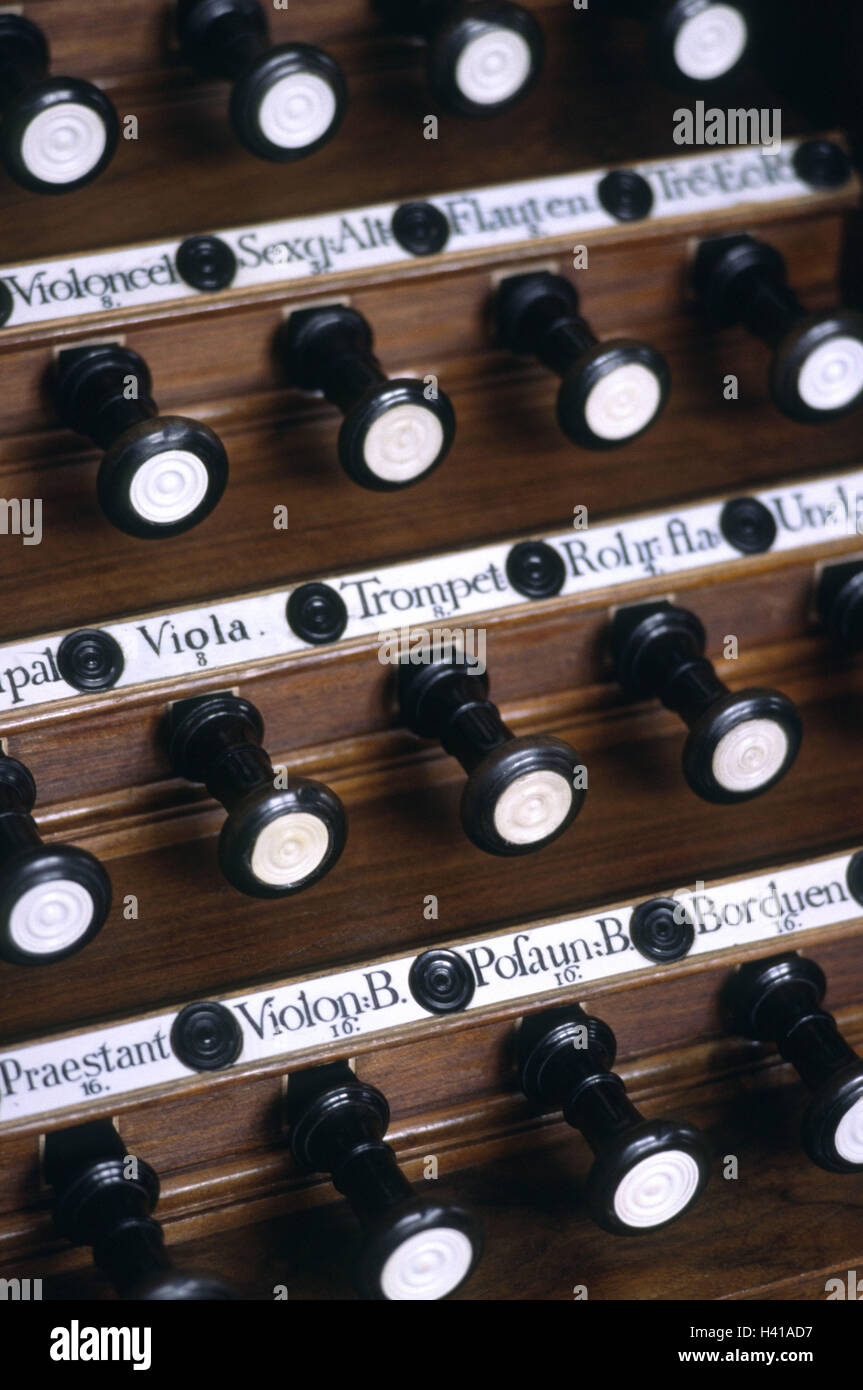 Organ, register, detail, buttons, inscription, keyboard, music, musical ...