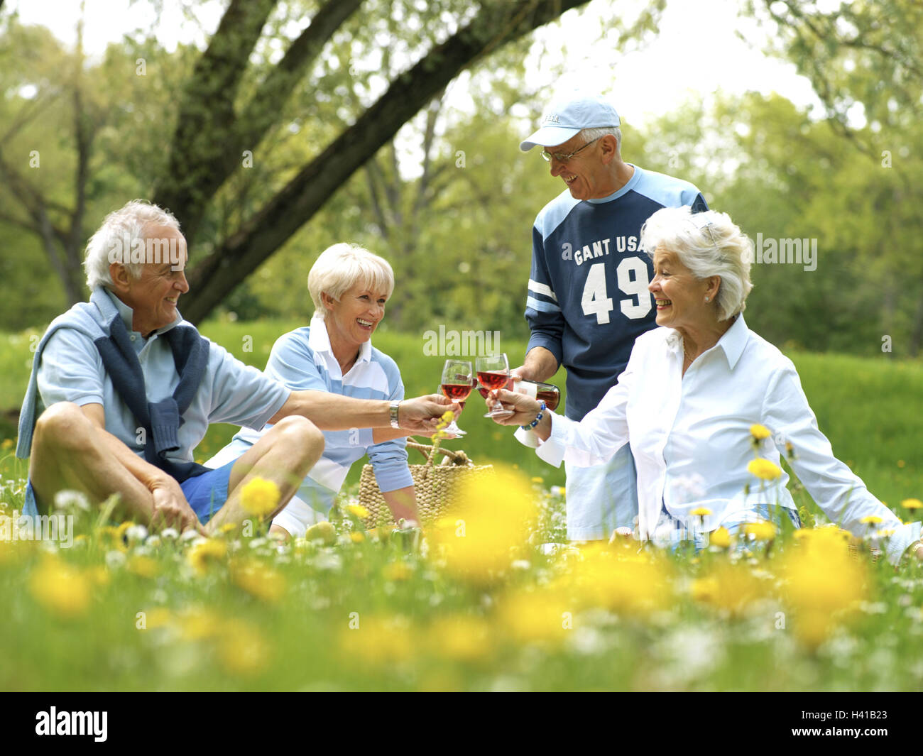 Park, Senior couples, happy, picnic, flower meadow, summer excursion ...