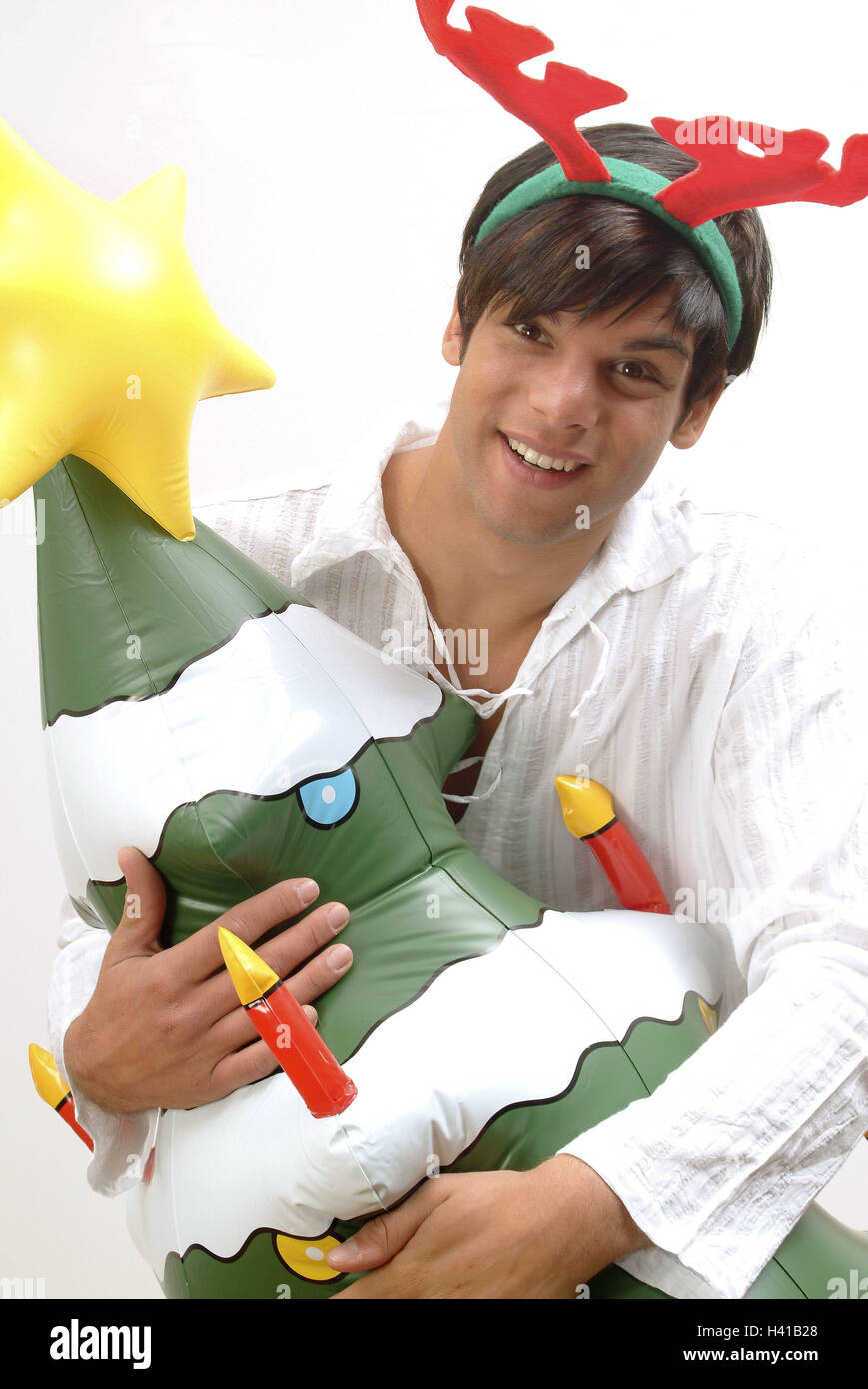 Man, young, happy, hair maturity, elk's antlers, Christmas tree ...