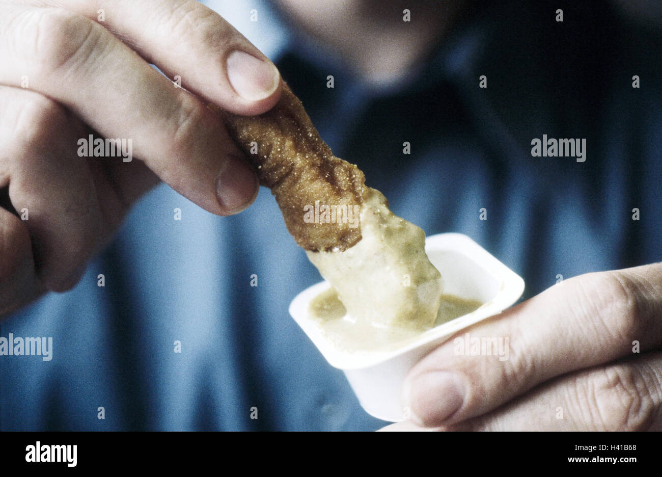 Man, detail, hand, chicken Nuggets, sauce, close up, Still life, food ...