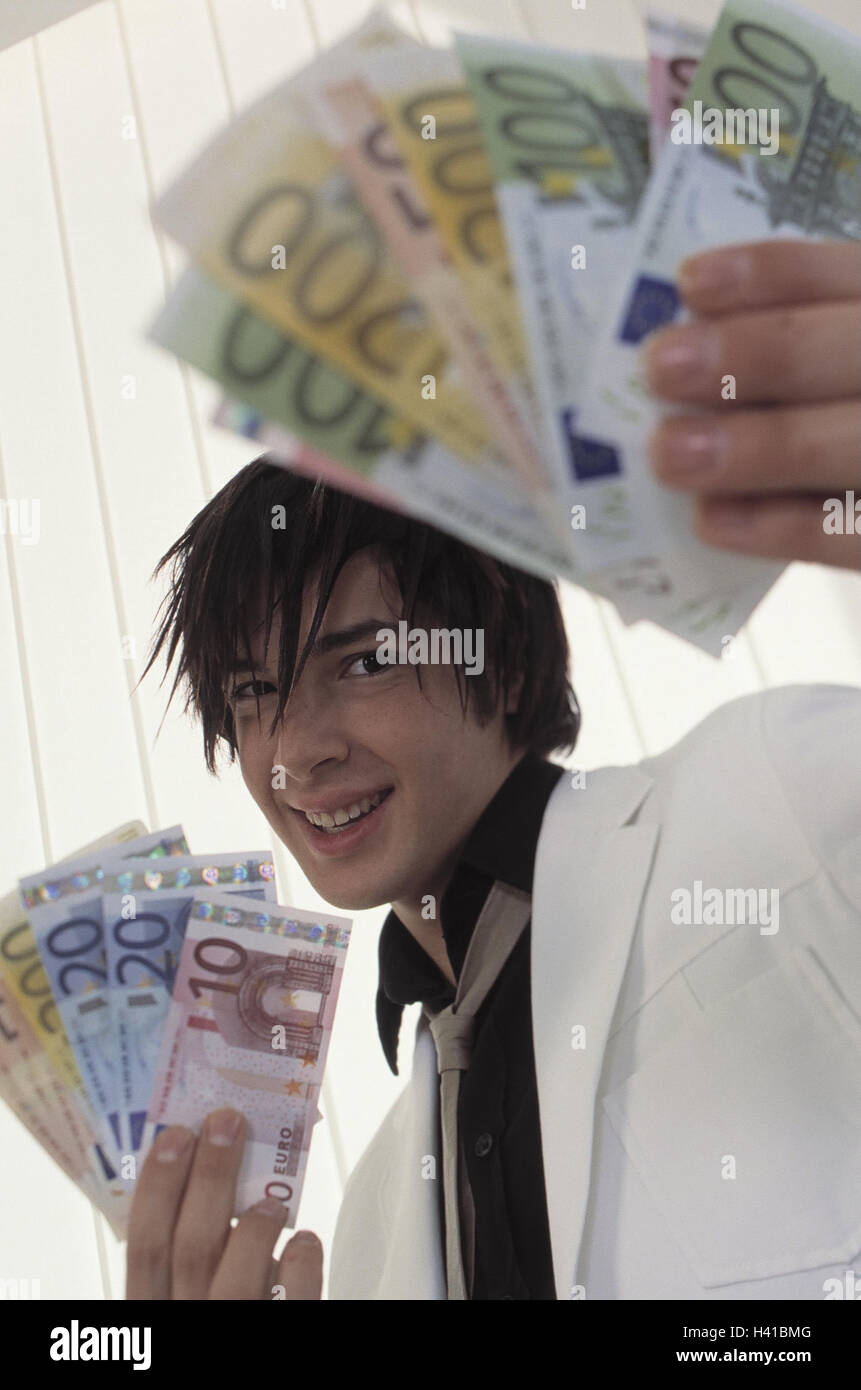 Young person, bank notes, diversified, present, half portrait ...