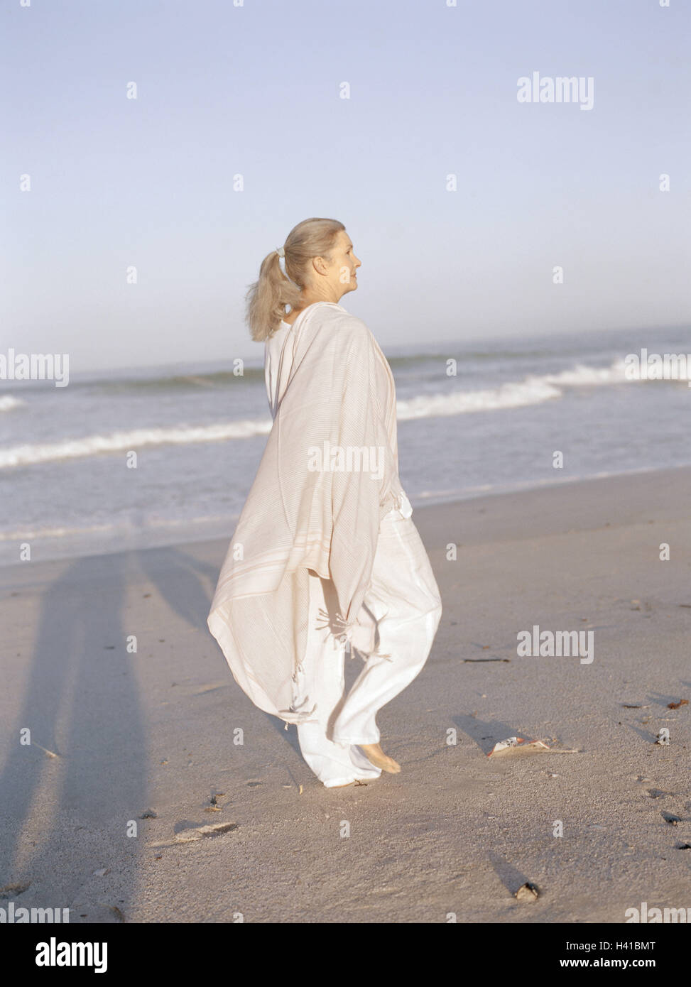 Sandy beach, sea, senior, walk, side view, woman, Best Age, 60-70 years ...