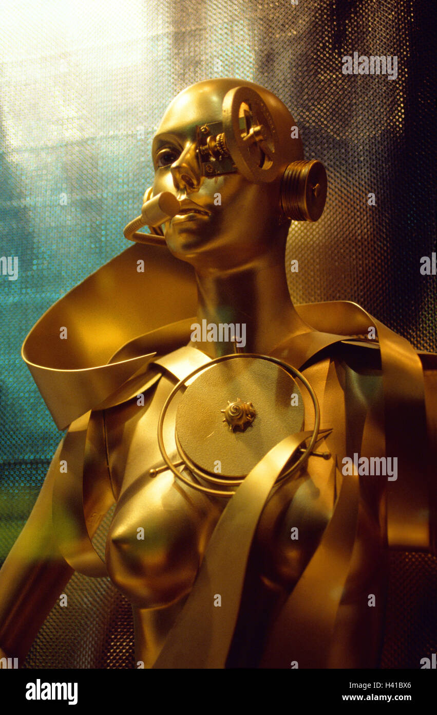 Mannequin, futuristic, artificially, golden, headset, microphone ...