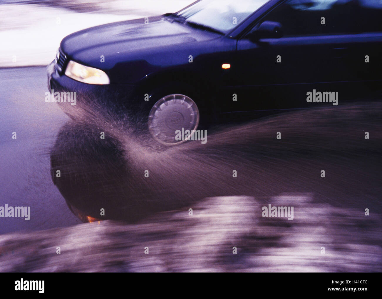 Street, passenger car, detail, front tyre, puddle, go, side view ...