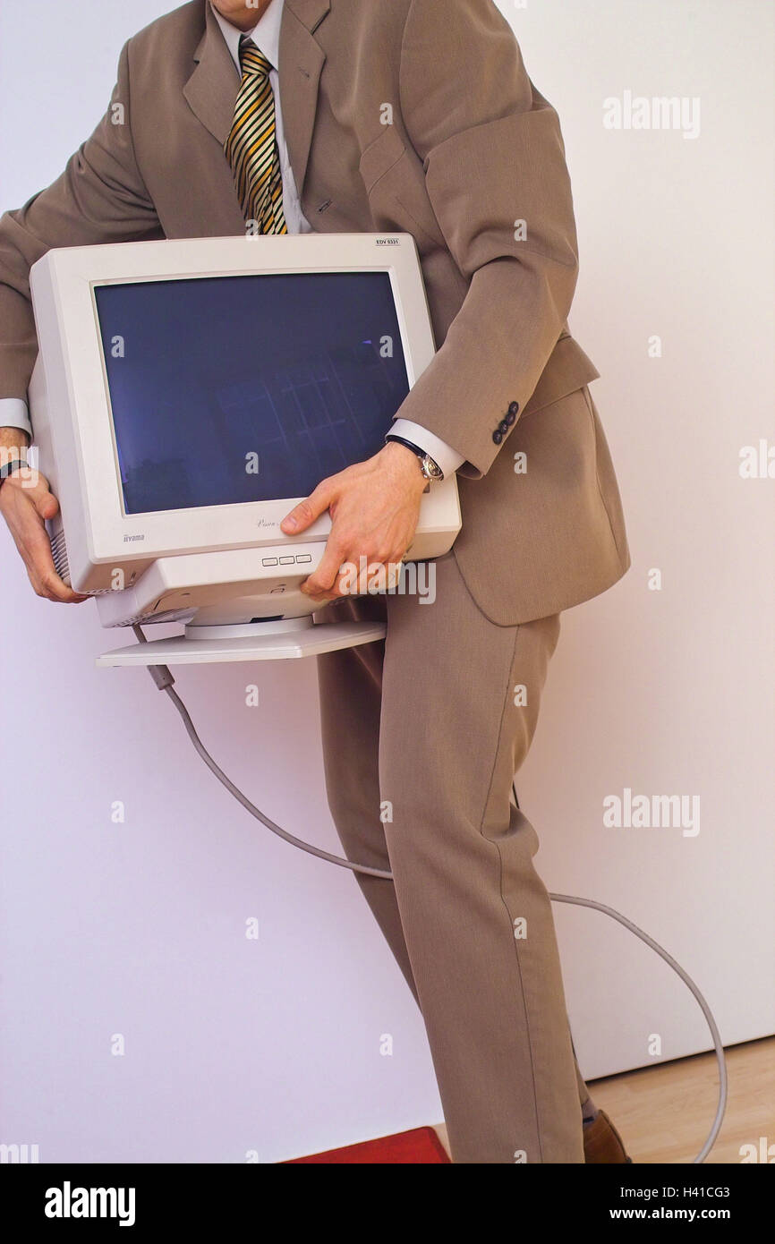 Businessman, monitor, carry side view, curled, man, 20-30 years, office ...