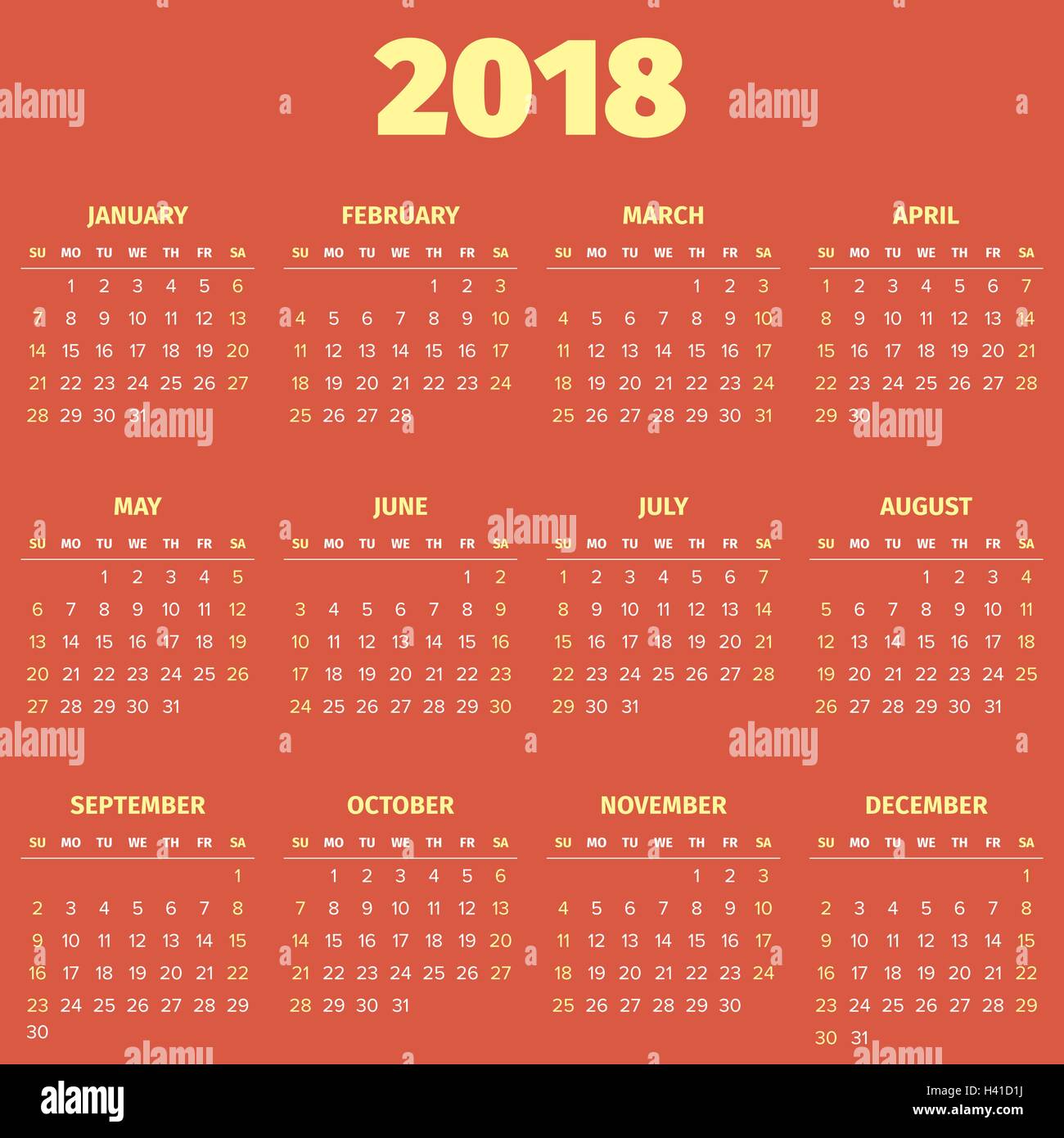 Simple 2018 year calendar Stock Vector Image & Art - Alamy