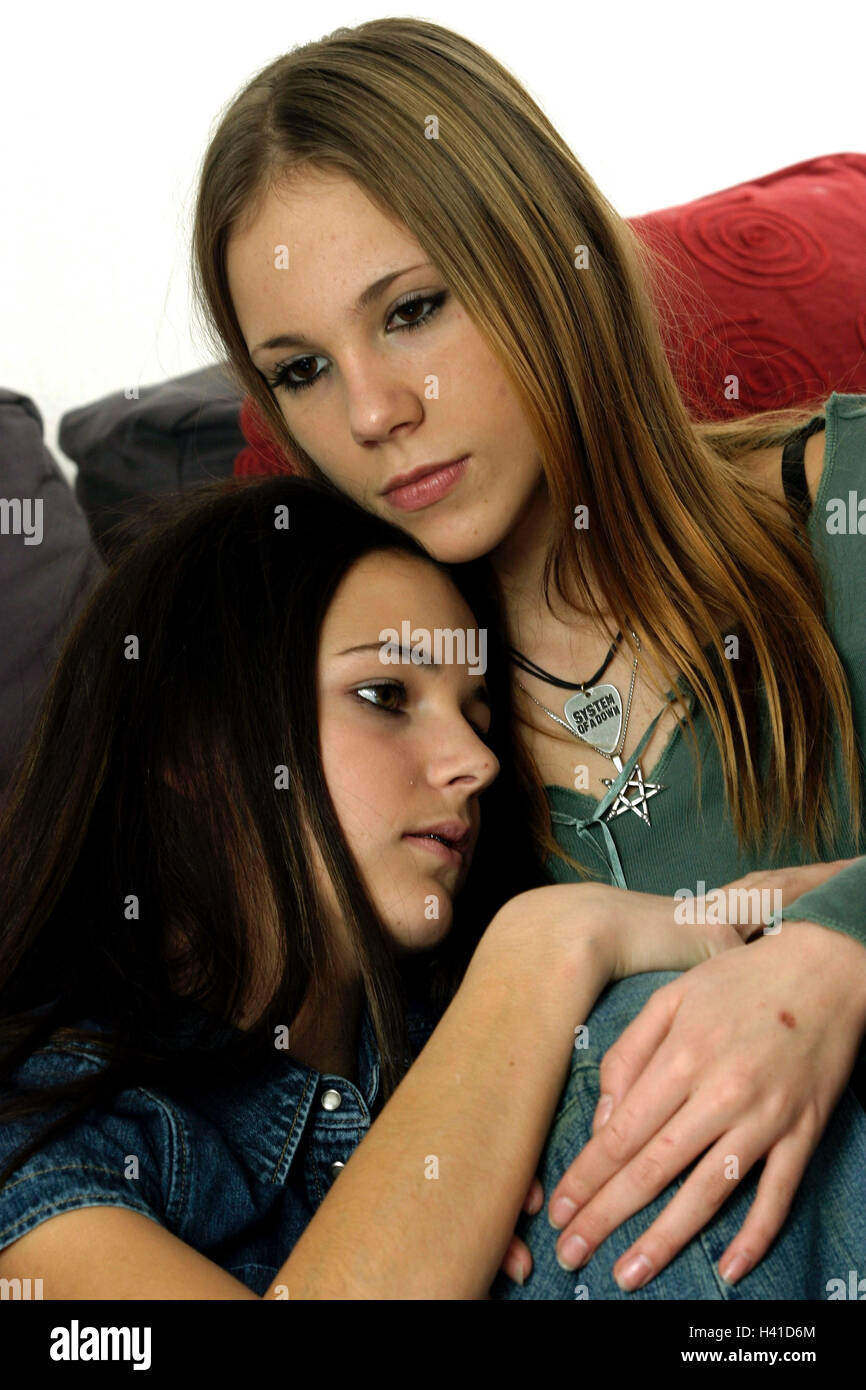 Sofa, teenager's girl, two, sadly, comfort, detail, 15 years, teenagers ...