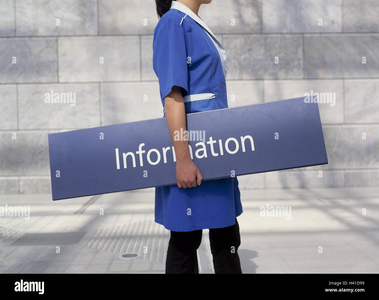 Woman, smock, sign, information, carry, wall, defensive wall, office ...