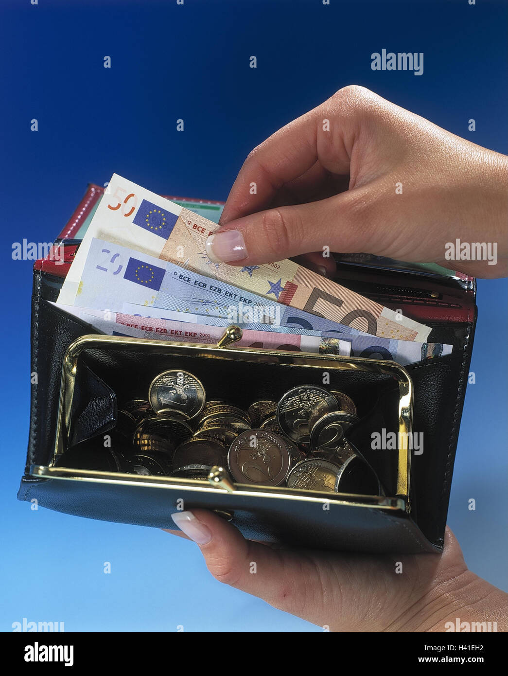 Woman, detail, hands, change purse, bank notes, euro, count, studio ...