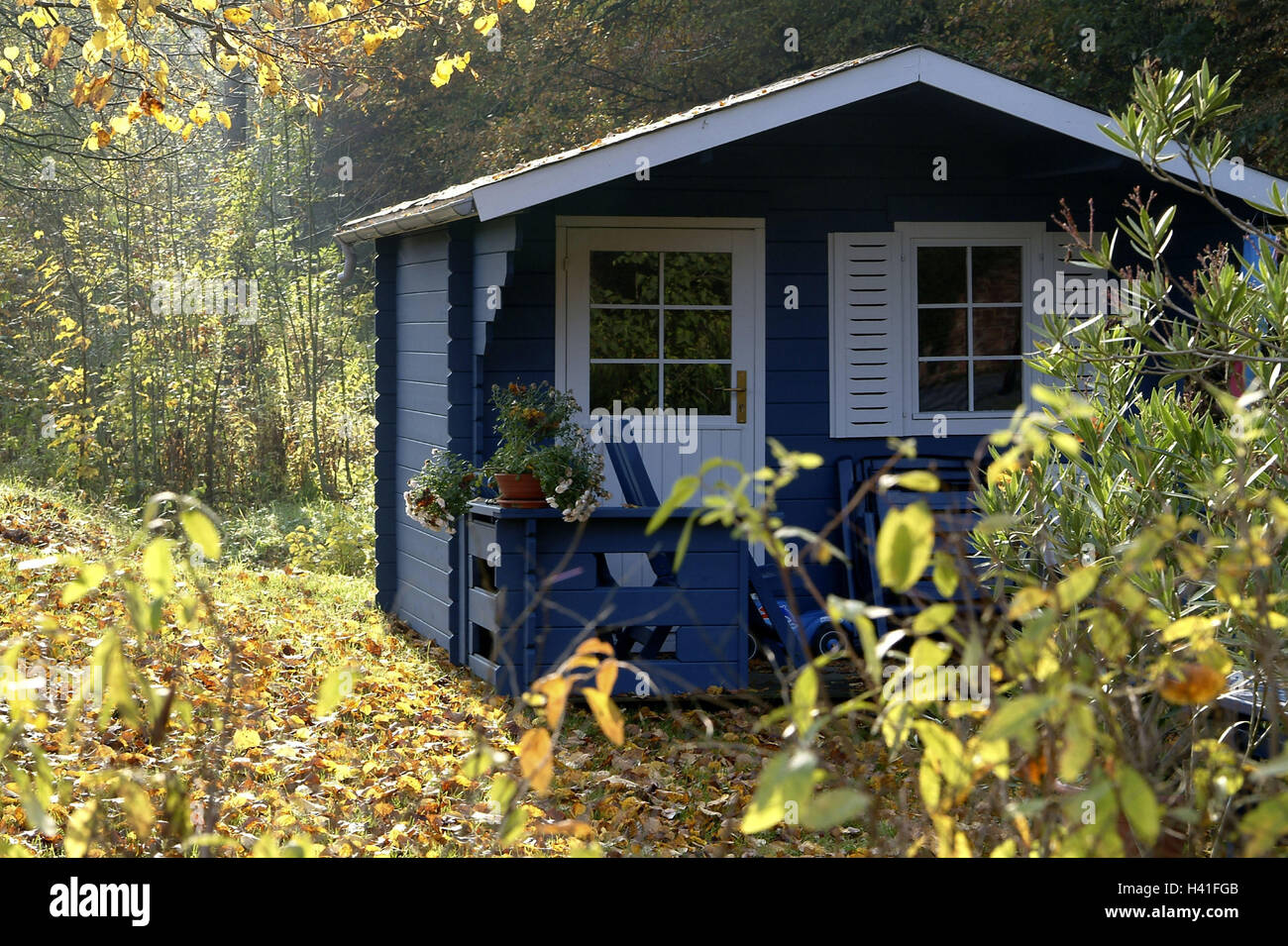 Summerhouse, blue-white, trees, Shrubs, autumn, Garden, house, small ...