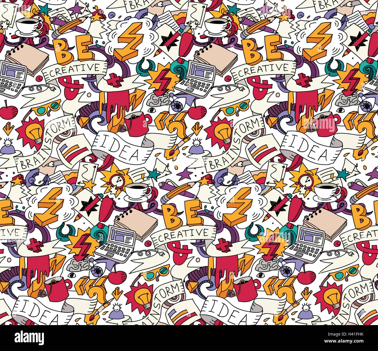 Creative doodles idea brainstorm color seamless pattern white Stock ...