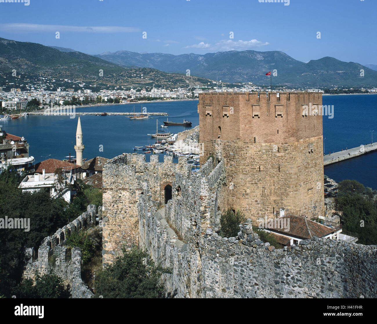 Turkey, Alanya, town view, red tower, harbour, Europe, south coast ...