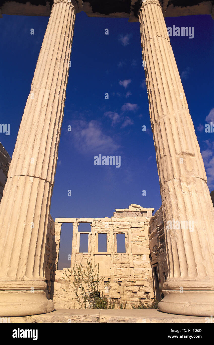 Greece, Athens, Acropolis, temple, detail, pillars, from below, Europe ...