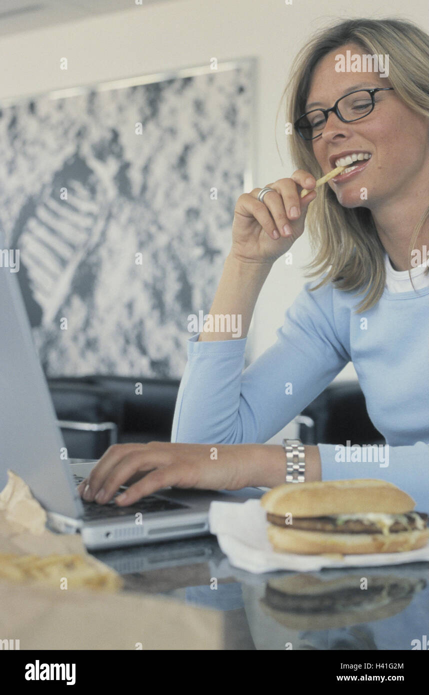 Clerks, workplace, laptop, snack, fast food, business, woman, office ...