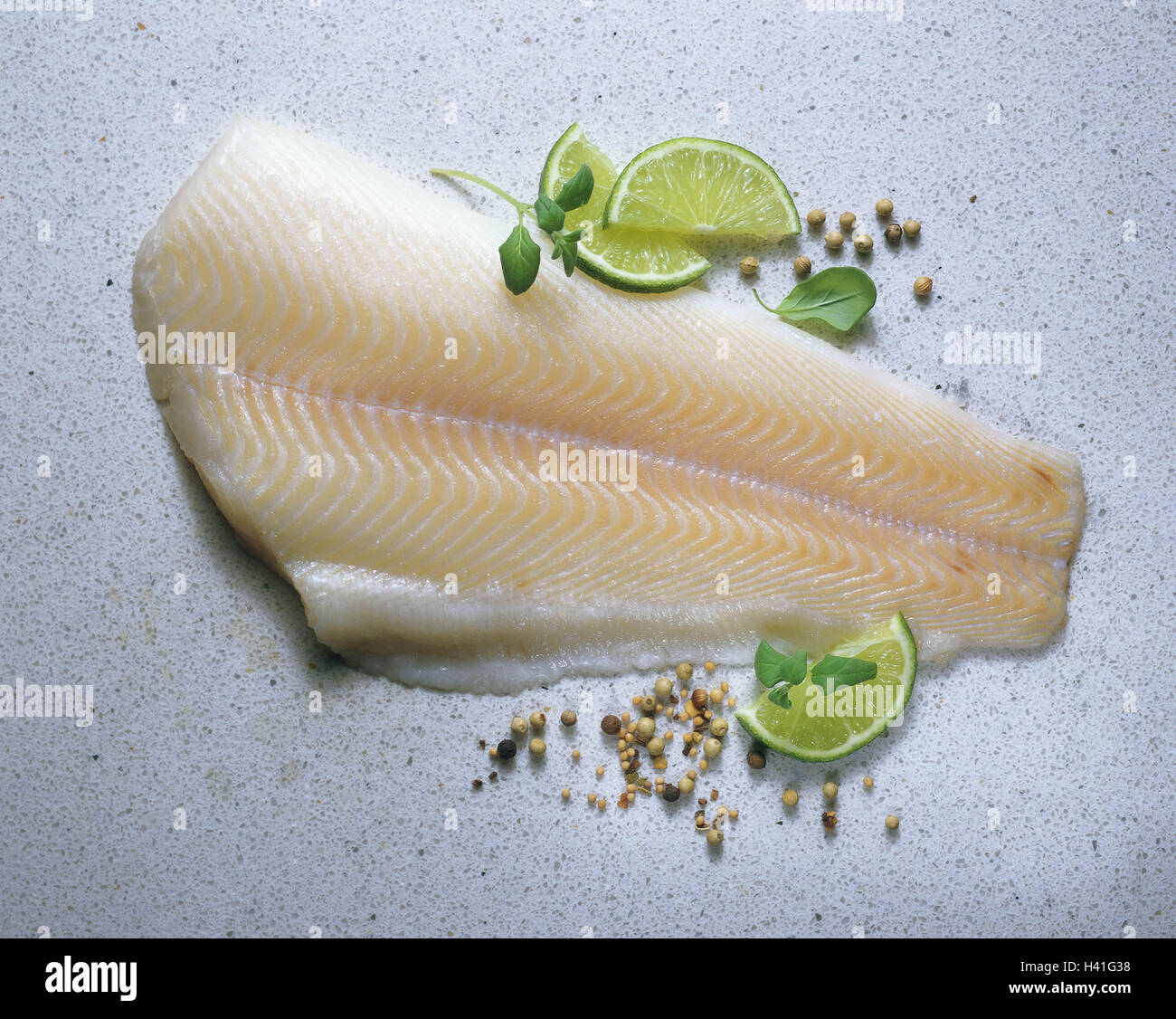 Fish, halibut fillet, peppercorn, lime slices, fish dish, food fish ...