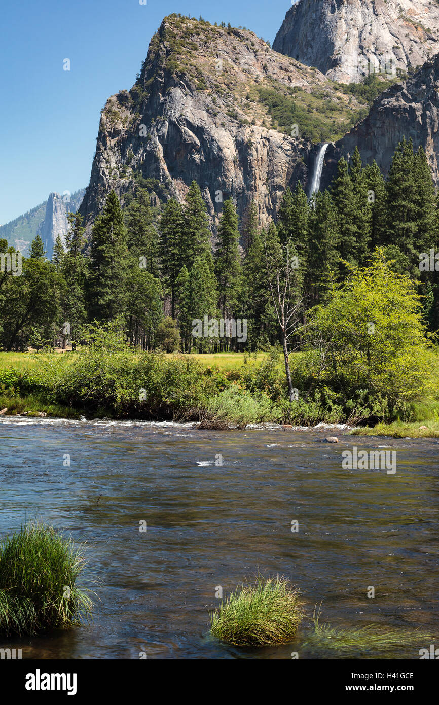 Waterfall and the Merced River in Yosemite on a Summer's Day Stock ...