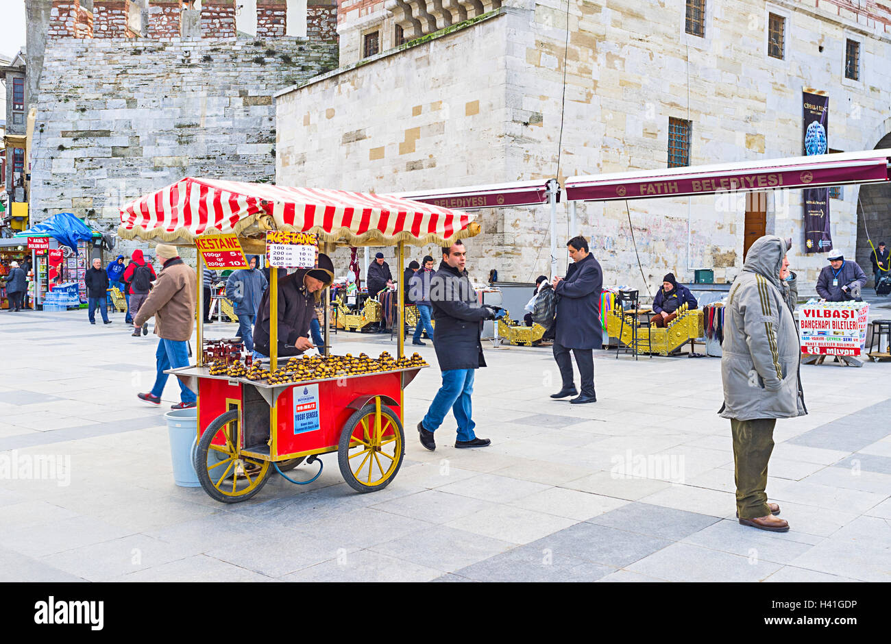 The roasted chestnut cart on Rustem Pasha Square with the shoeshiners ...