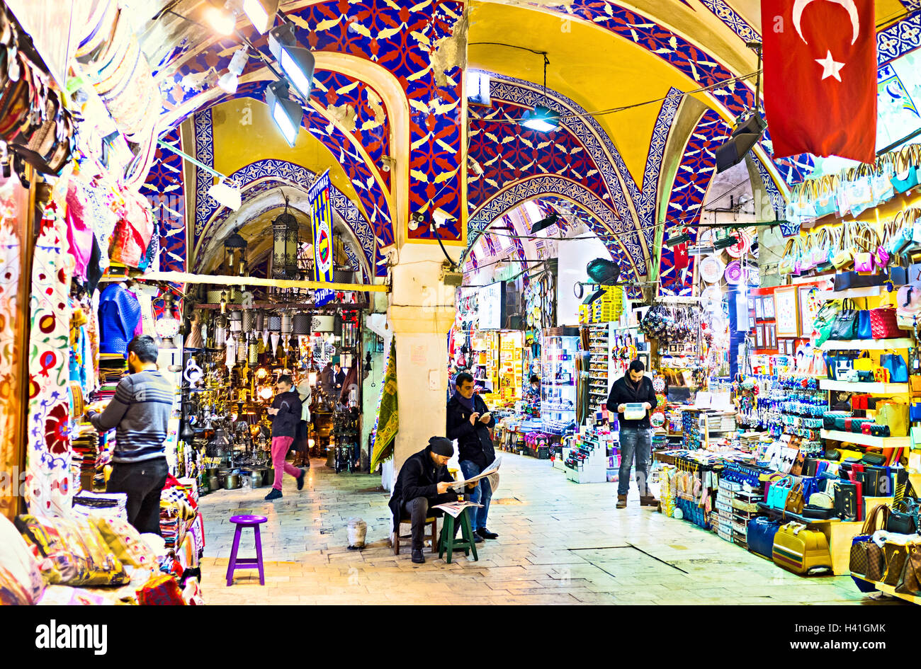 The inerior of Grand Bazaar with richly decorated walls and ceiling in ...