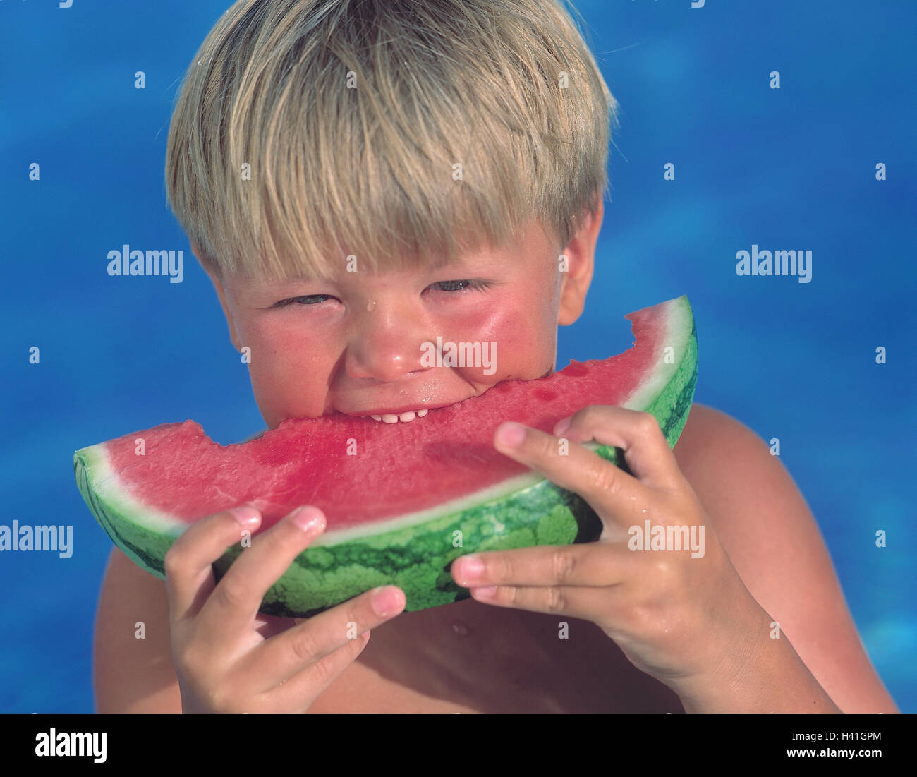 Boy, melon, eat, portrait, vacation, outside, summer, child ...