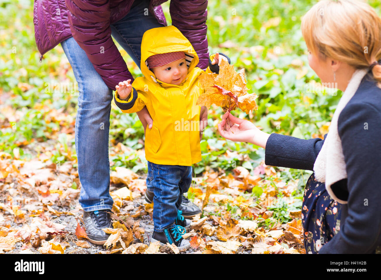 Father, mother and Son walking. Baby taking first steps with father ...