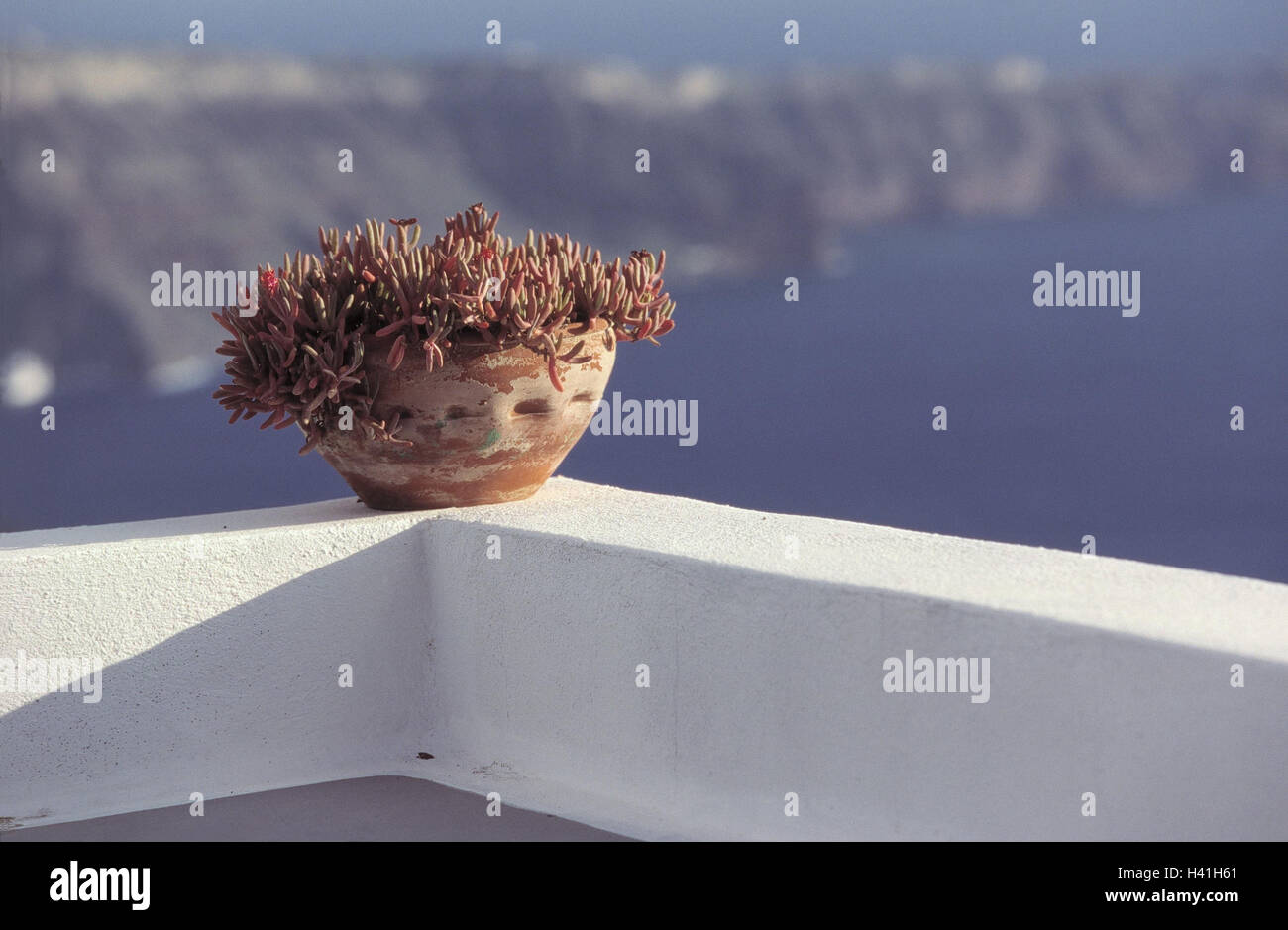 Greece, Santorin, defensive wall, flowerpot Cyclades islands, island ...
