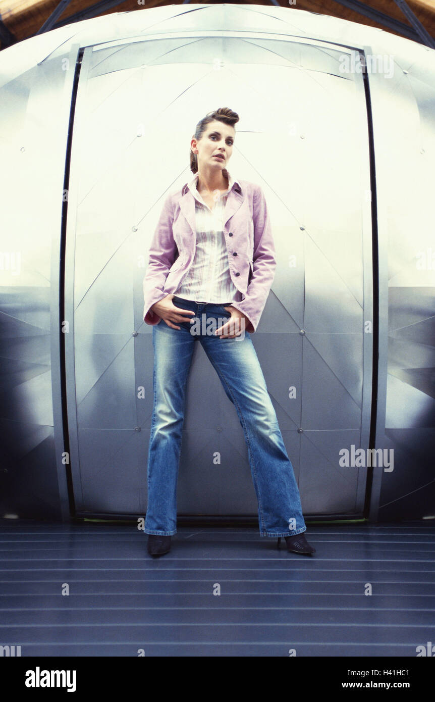 Metal door, closed, woman, young, stand, cool, careless, fashion ...