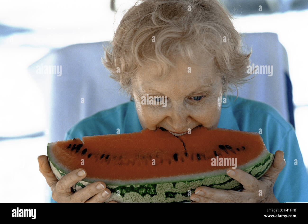 Senior, watermelon, eat, portrait, woman, old, senior citizens ...