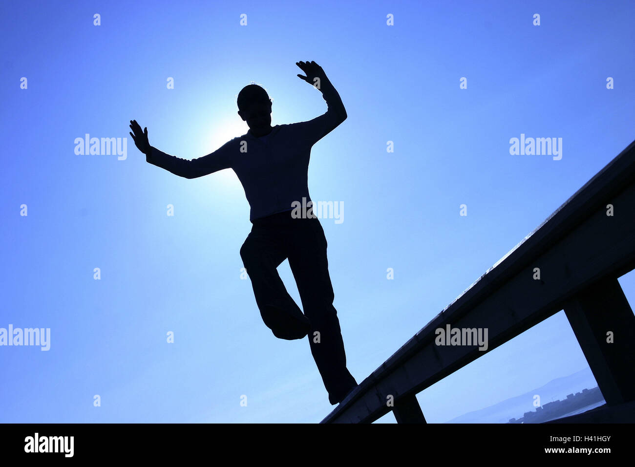 Sea, bridge, silhouette, woman, railing, balance, yoga practise 25 ...