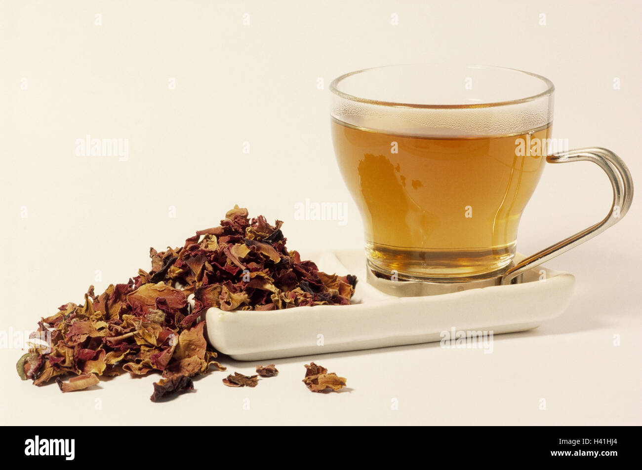 Tea glass, blossoms, coasters, rose blossom tea, Rosae flos, Still life ...