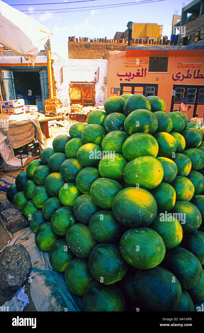 Egypt, Aswan, market, sales, melons, outside, Market, watermelons ...