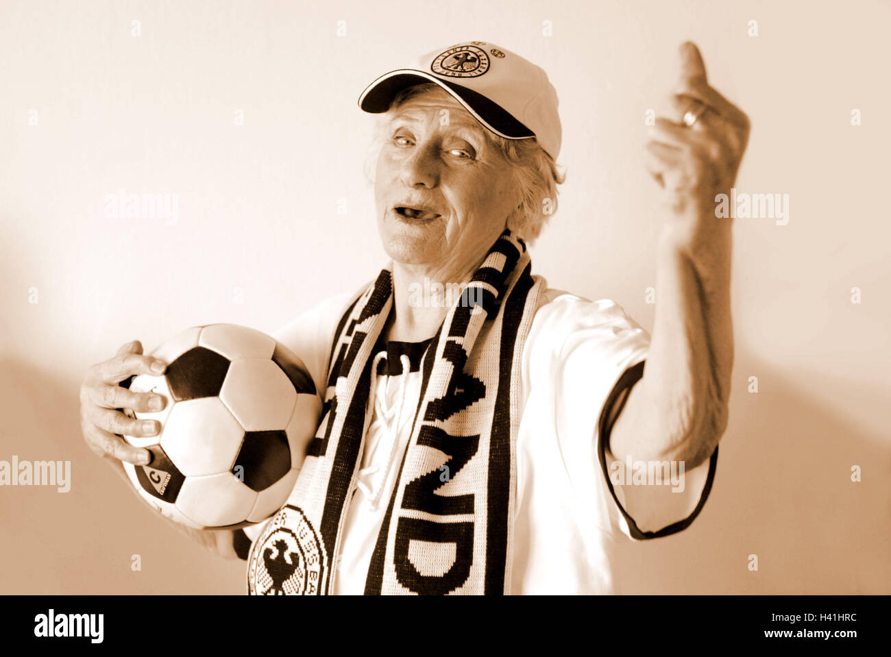 Senior, football fan, happy, gesture, cheer on, ball, portrait, sport ...