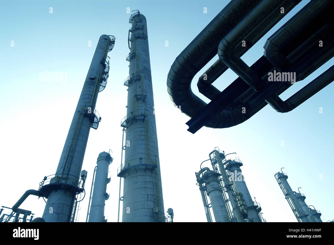 Refinery plant, detail, from below, petroleum refinery, refinery ...