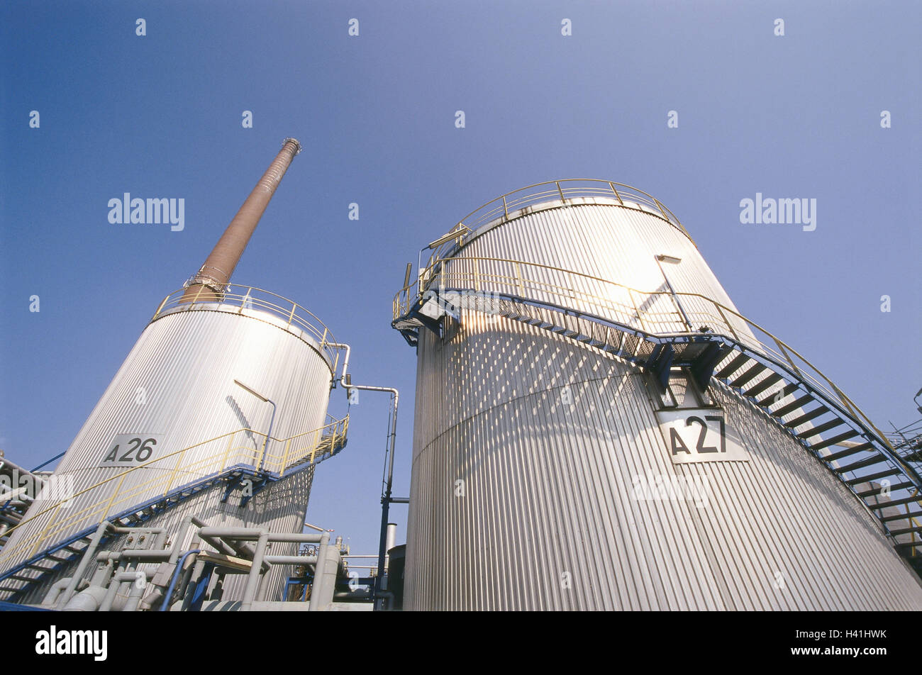 Refinery, warehouse tanks, detail, from below, industrial plant ...