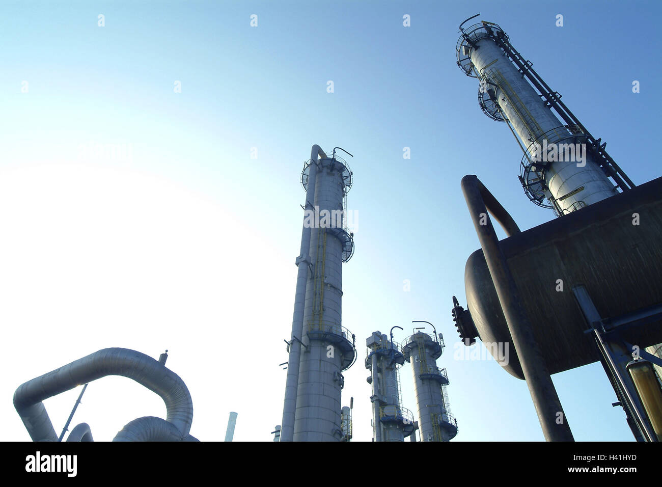 Refinery plant, detail, from below, petroleum refinery, refinery ...