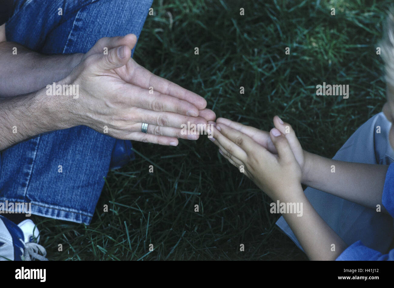 Father, boy, finger game, detail, hands, very close, outside, man, son ...