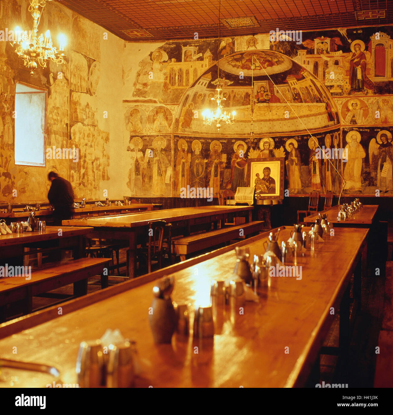 Greece, Athos, cloister, Hilandariou, refectory, dining tables ...