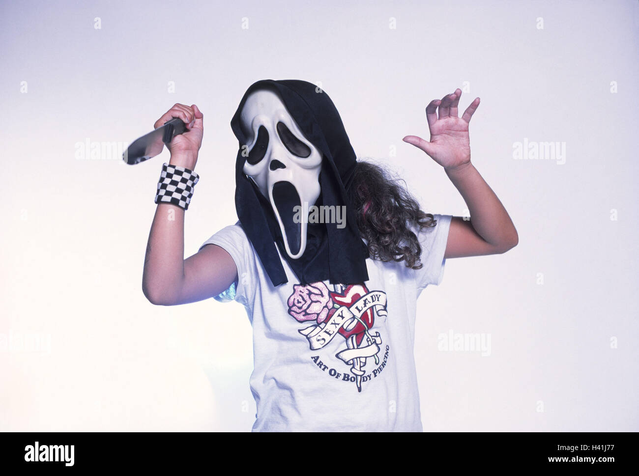 Girl, lining, mask "Scream", knife, gesture, half portrait, carnival ...