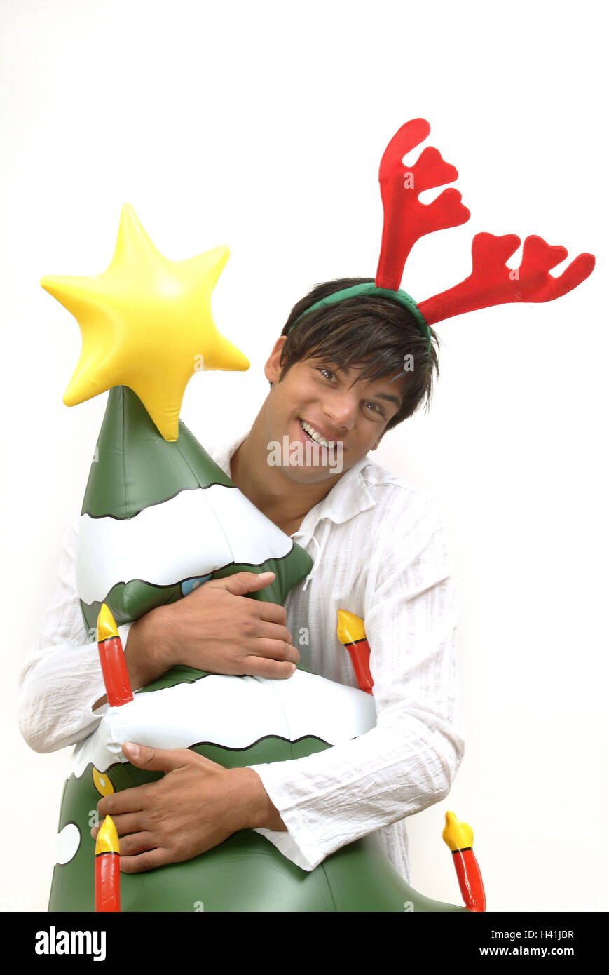 Man, young, happy, hair maturity, elk's antlers, Christmas tree ...