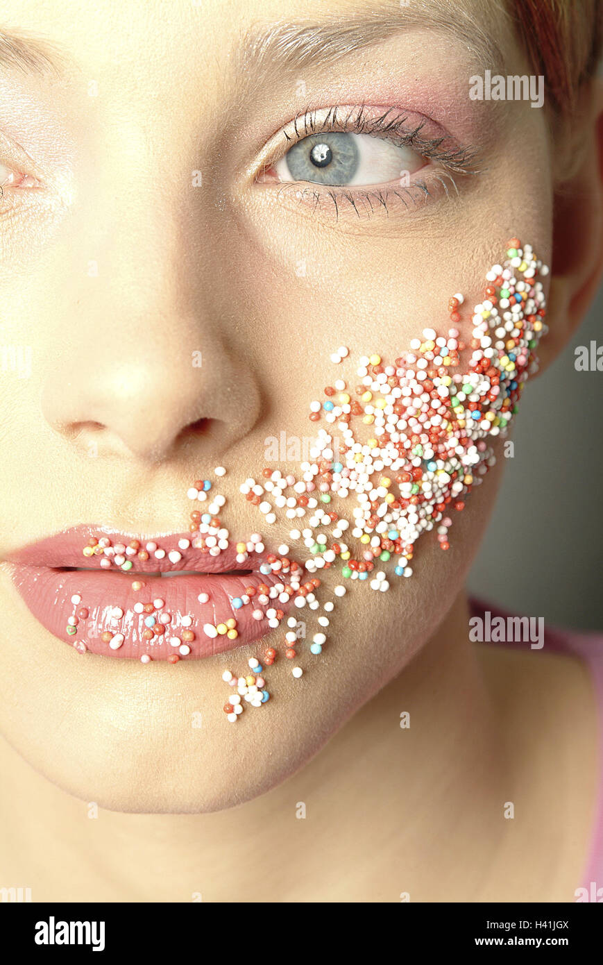 Woman, young, made up, lips, cheek, sugar pearls, portrait, curled ...