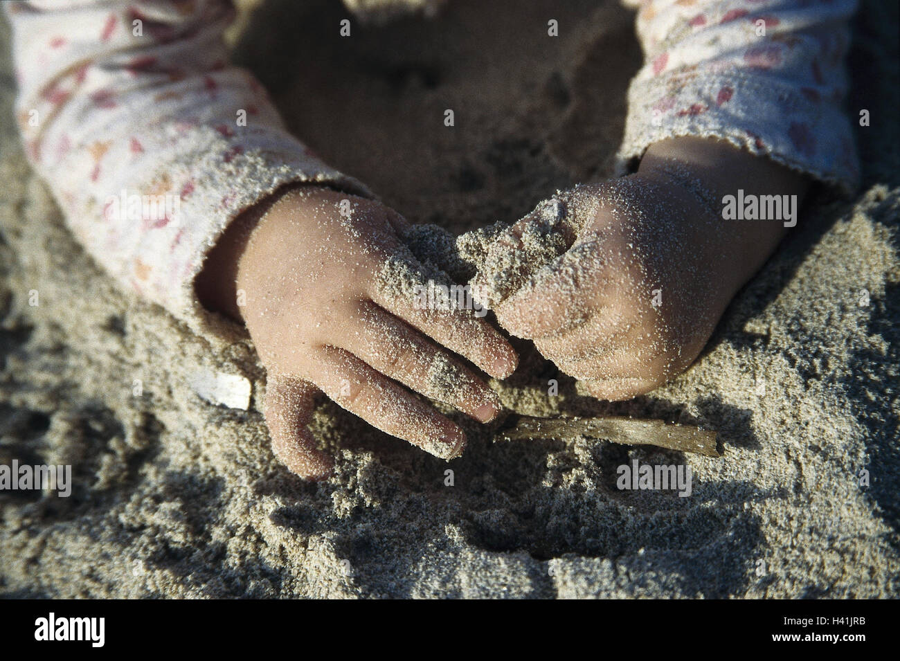 Sandy beach, infant, detail, hands, Sand, play, very close, summer ...