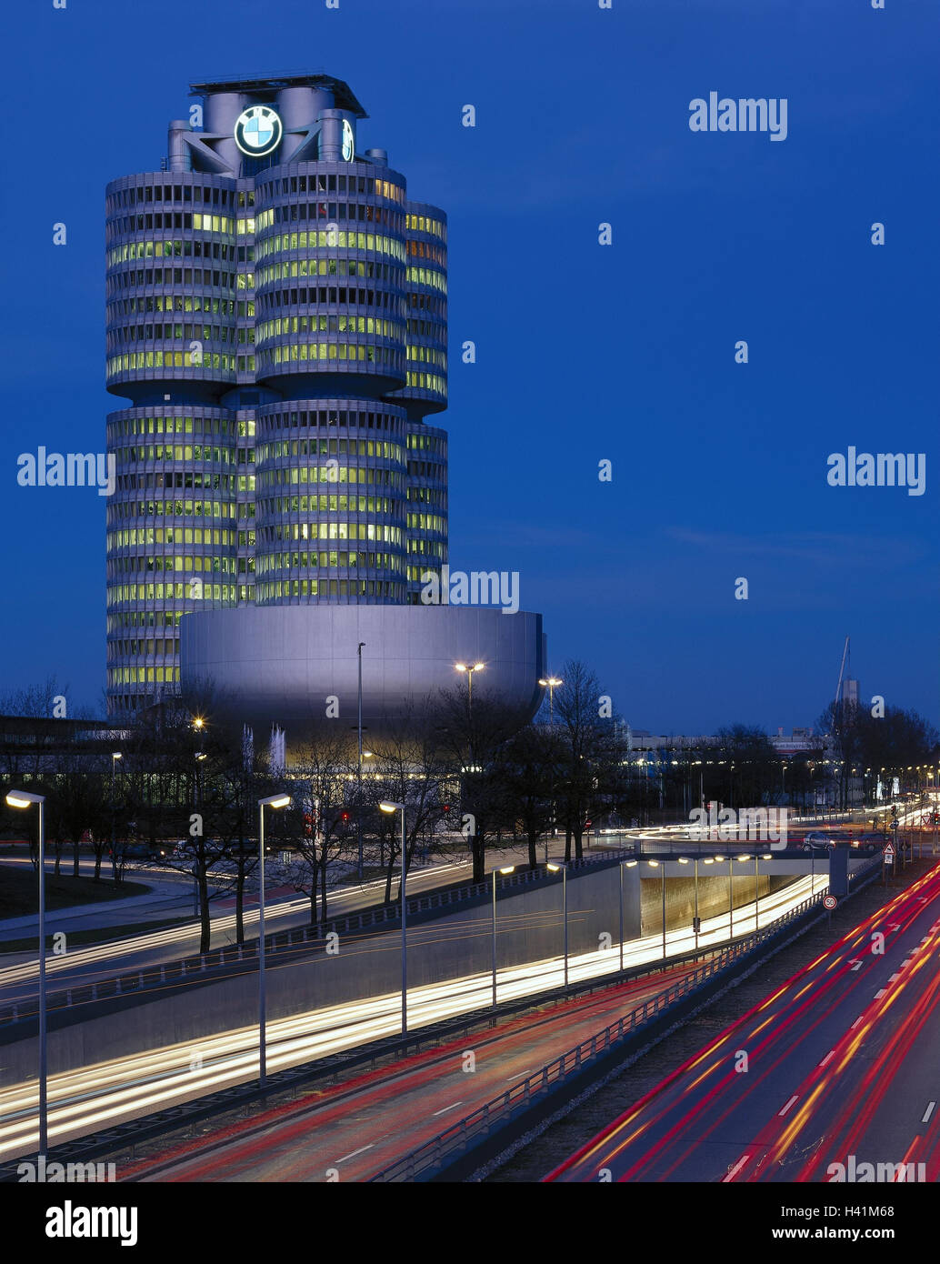 Germany, Upper Bavaria, Munich, Petuelring, BMW building, evening ...