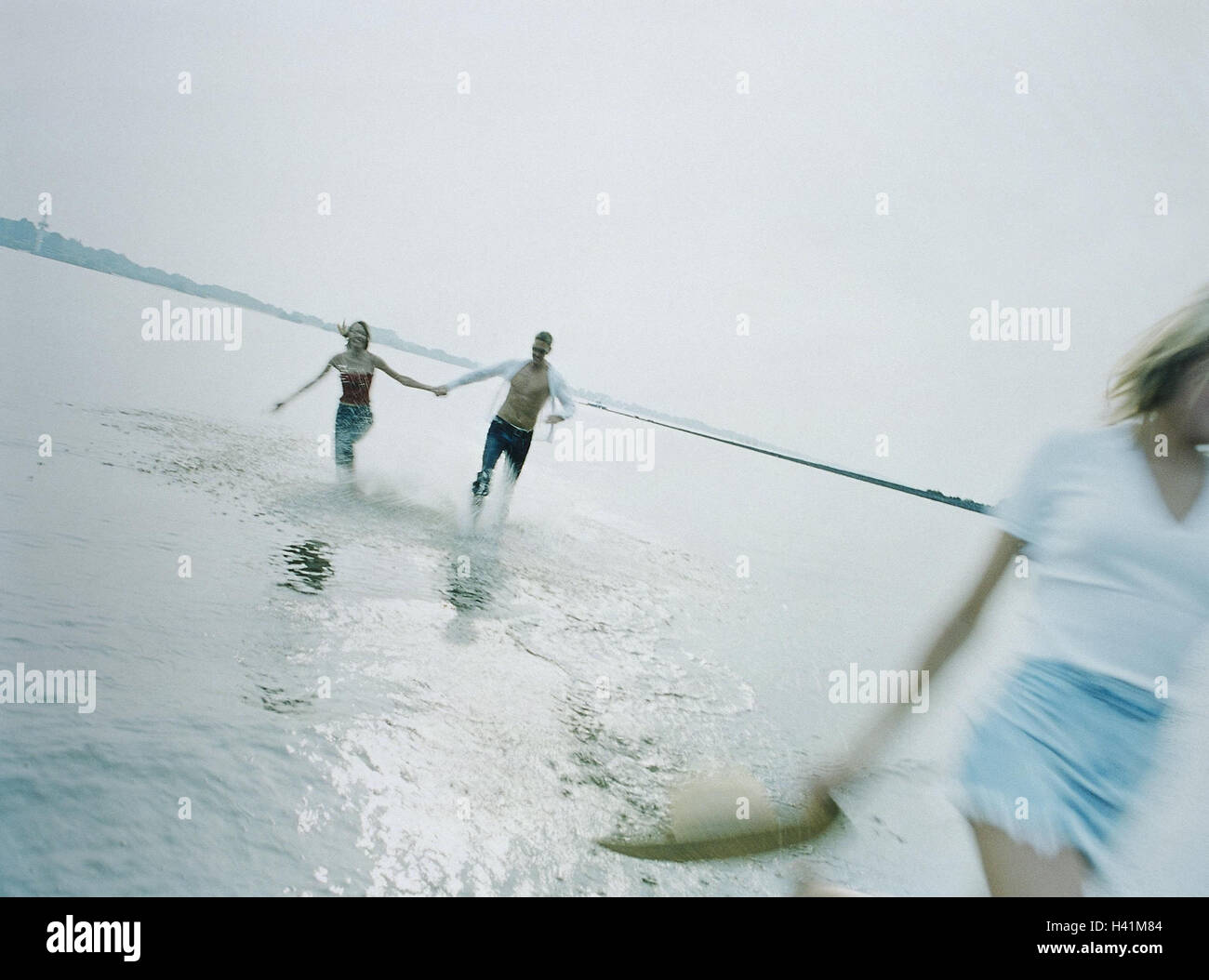 Beach, women, man, run, water, shallowly, blur, summer, summer vacation ...