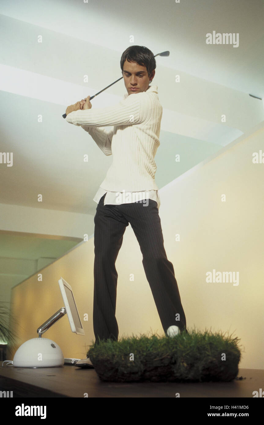 Office, desk, manager, golf play, inside, workplace, man, young, work ...