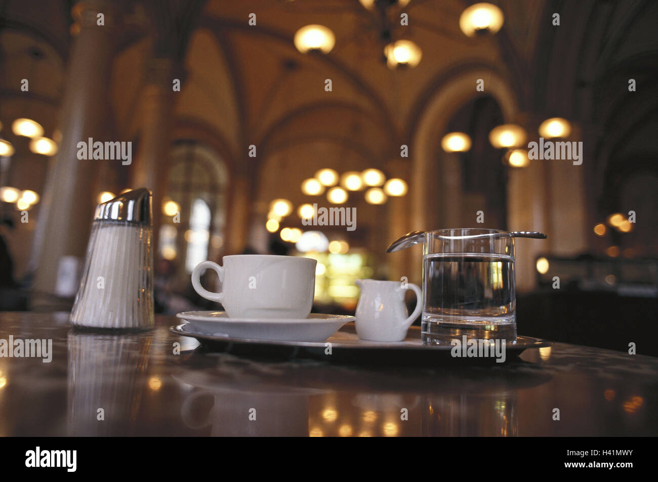 Austria, Vienna, cafe Central, table, tablet, coffee cup, water glass ...