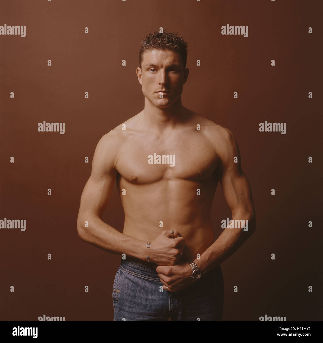 Man, jeans, free upper part of the body, gesture, half portrait, young ...