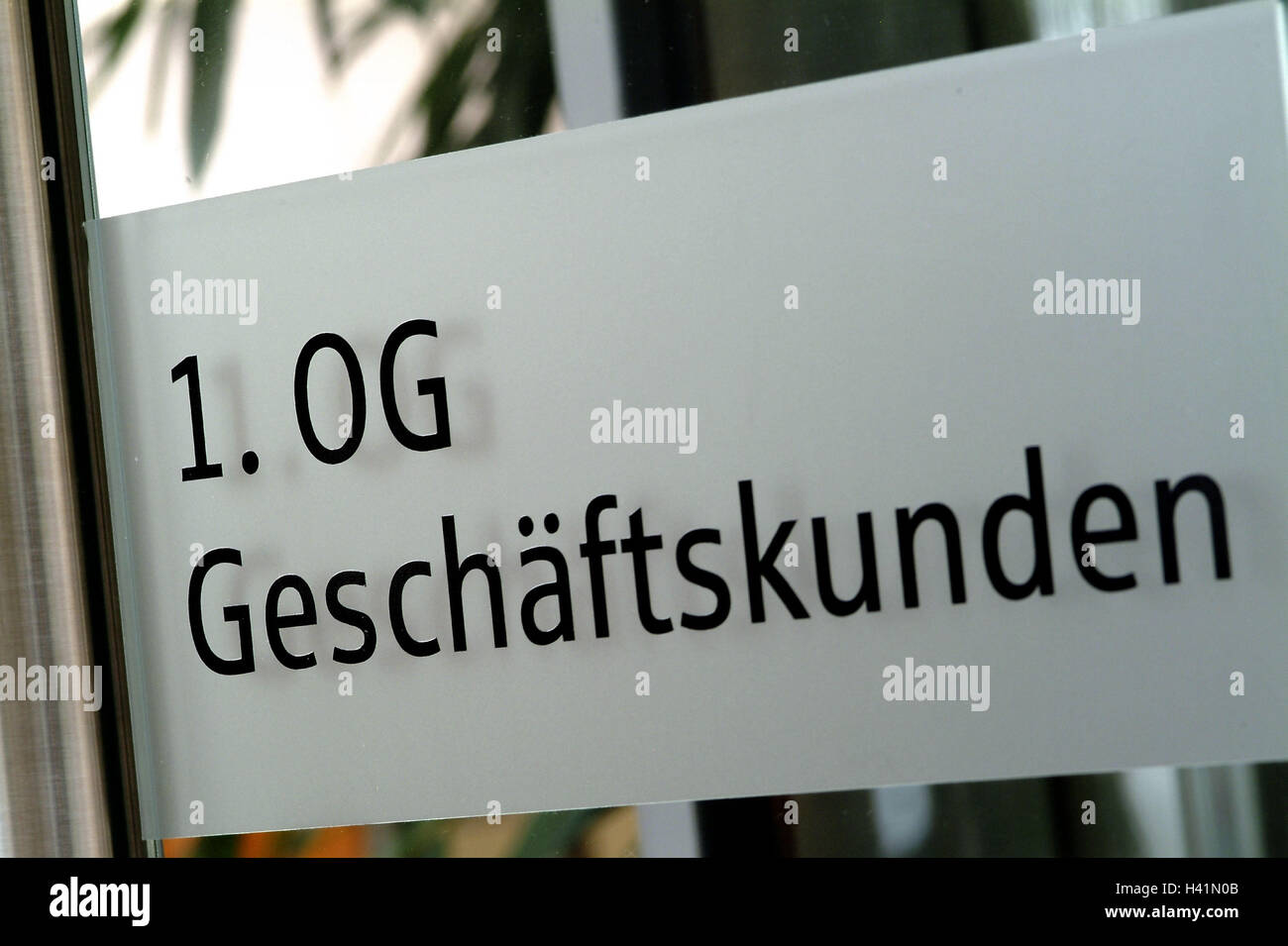 Bank buildings, indoors, sign, Business customers, 1. OG Bank, interior ...