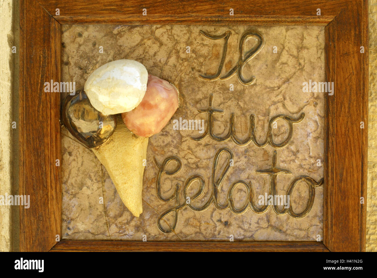 Italy, province Siena, ceramics sign, ice-cream cone, label, "Il tuo ...