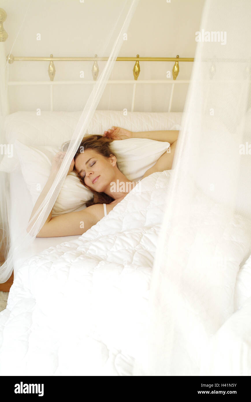 Woman, sleep young, happy, bed, 28 years, smile, rest, happy ...