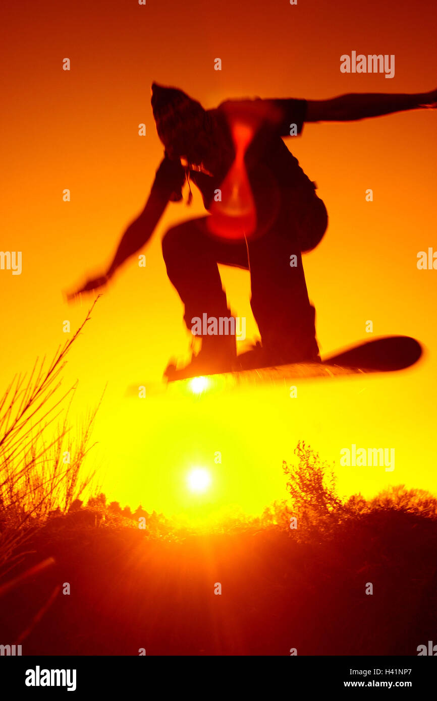 Silhouette, Snowboarder, jump, Sunset, back light, Teenager, man, young ...