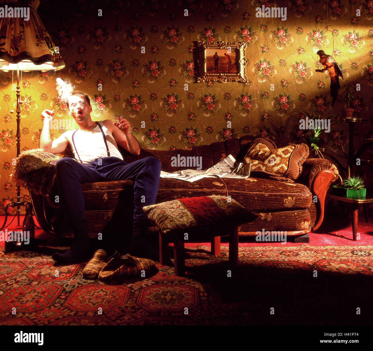 Nostalgia, sitting room, sofa, man, cigarette, smoke, recreation 30-40 ...